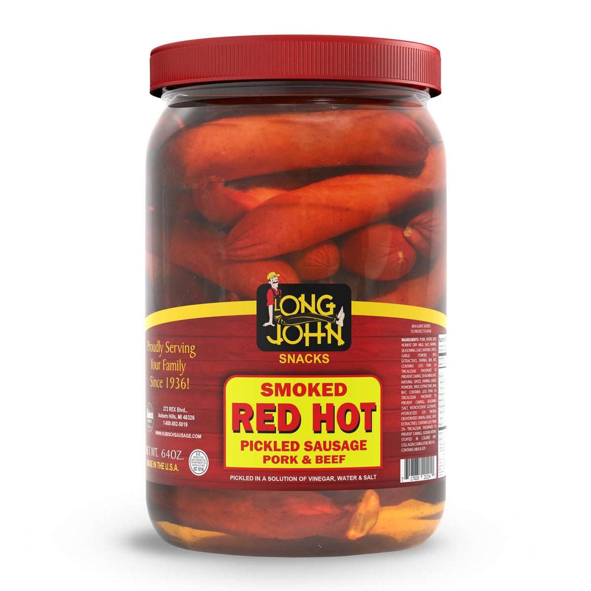 Red Hot Pickled Sausage - 64 Oz Jar – Long John Snacks